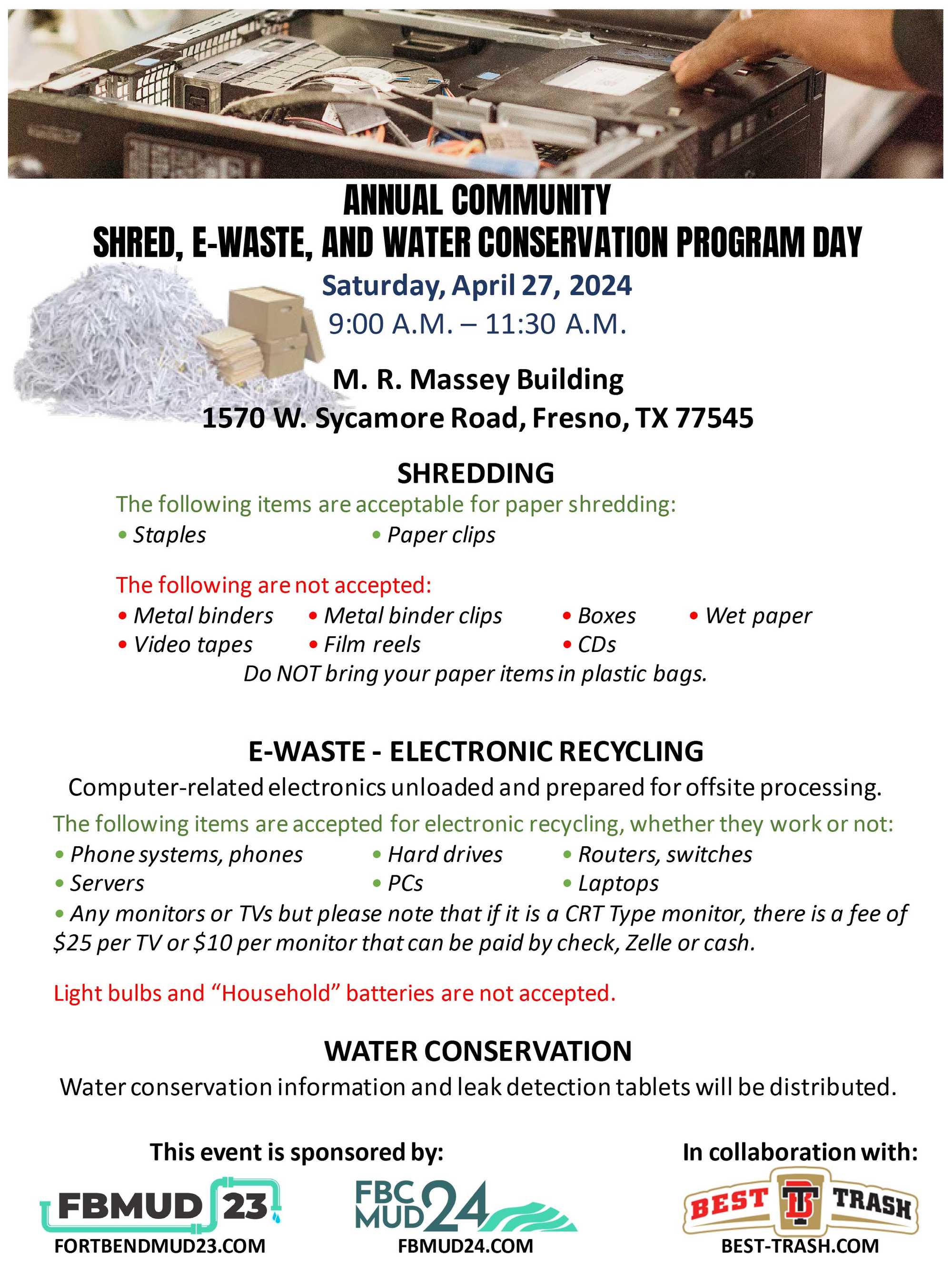 Annual Community Shred and E-Waste Day | Fort Bend County MUD 24
